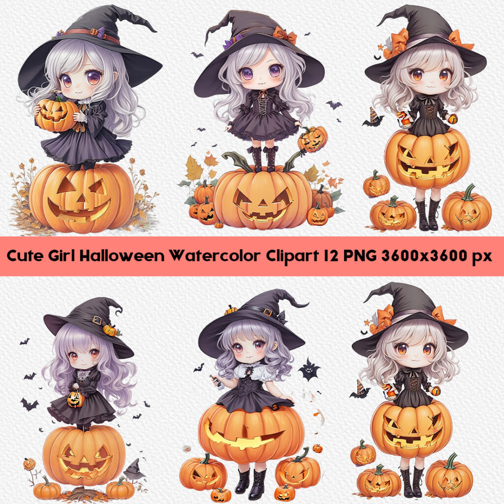 Cute Girl Halloween Watercolor Clipart - MasterBundles