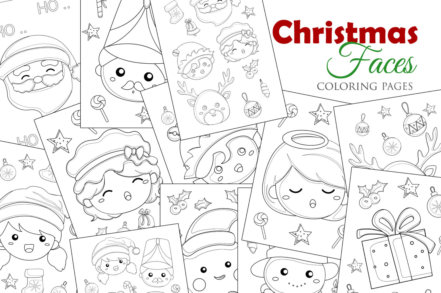 Cute Christmas Faces Elf Snowman Deer Animal Girl Kids Angel Cartoon ...