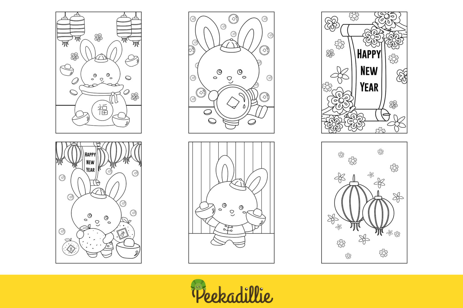 Cute Happy Rabbit Chinese New Year Party Animal Cartoon Coloring Pages ...