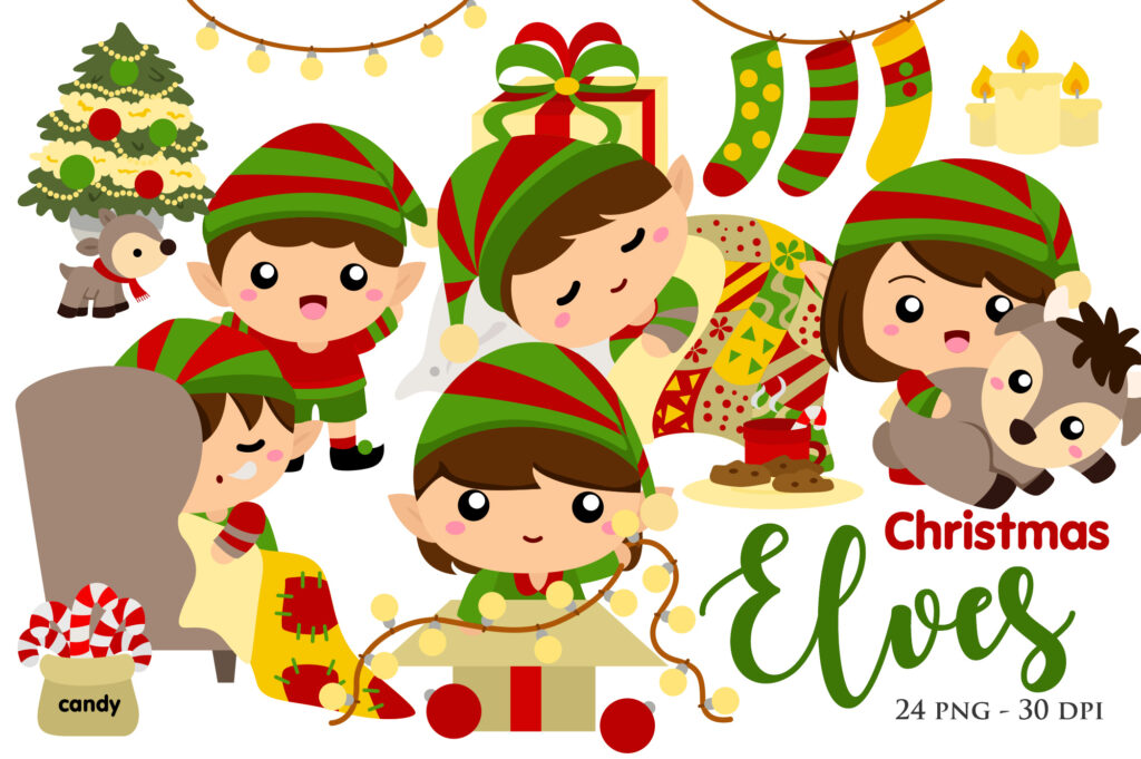 Colorful Christmas Elf Kids Girl Boy Character At Home Cartoon ...