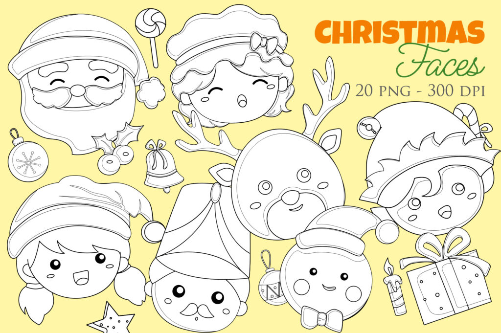 Cute Christmas Faces Elf Snowman Deer Animal Girl Kids Angel Cartoon ...