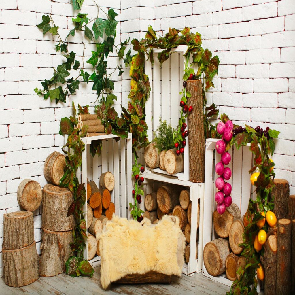 Front view-room-with-wooden-white-with-pieces-wood-leafs-along ...