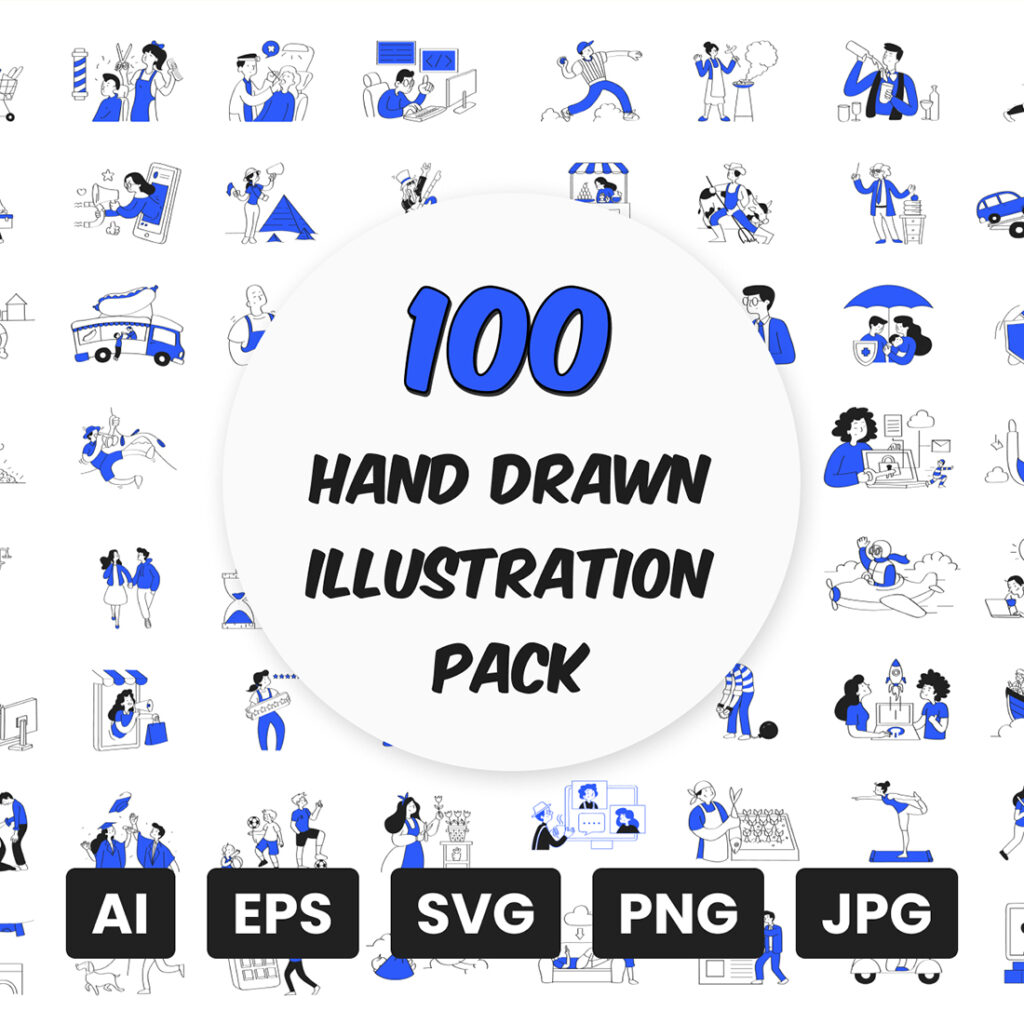 100 Hand Drawn Illustration Pack | Hand-drawn duotone cartoon vector pack/ SVG - MasterBundles