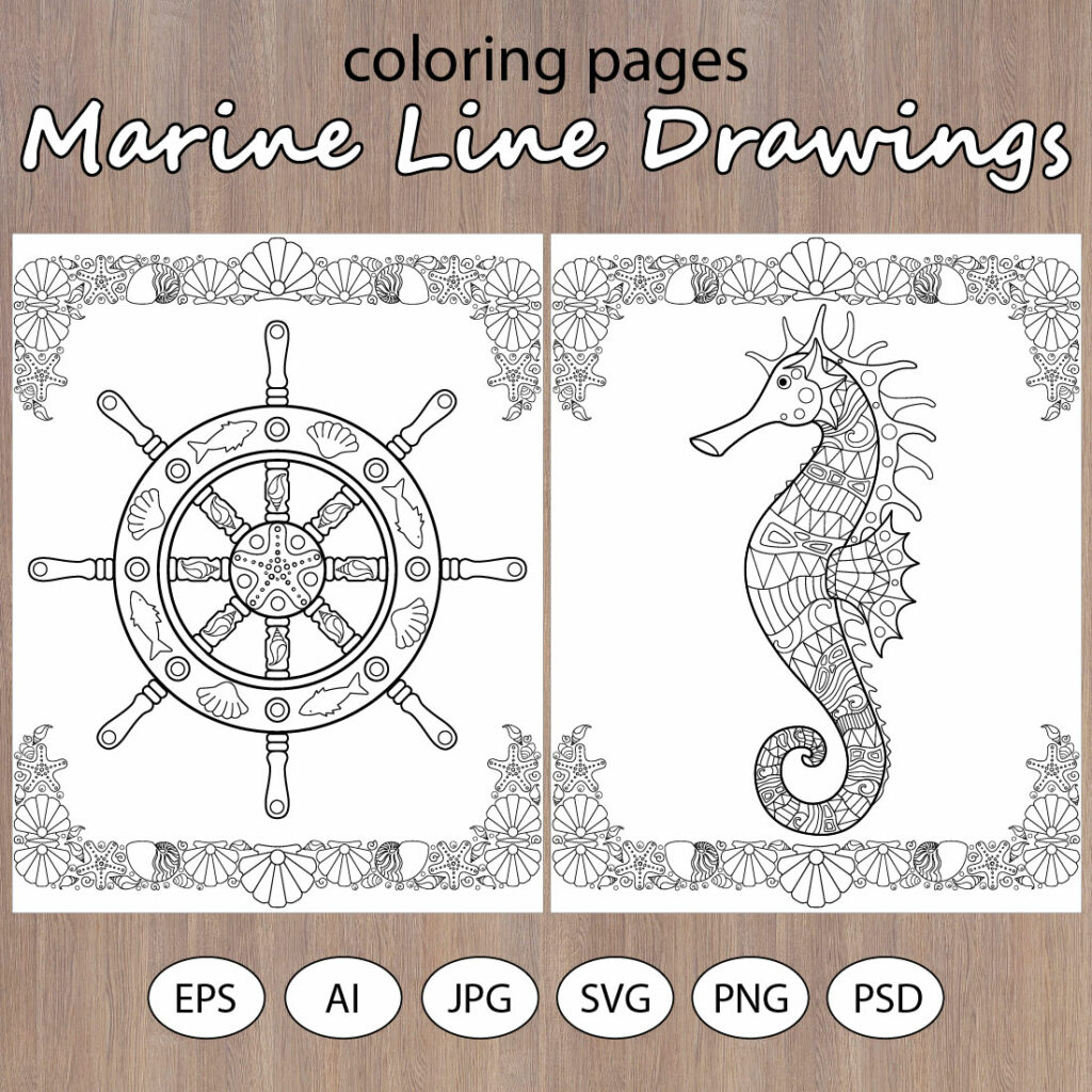 7 Marine Line Drawings for coloring - MasterBundles