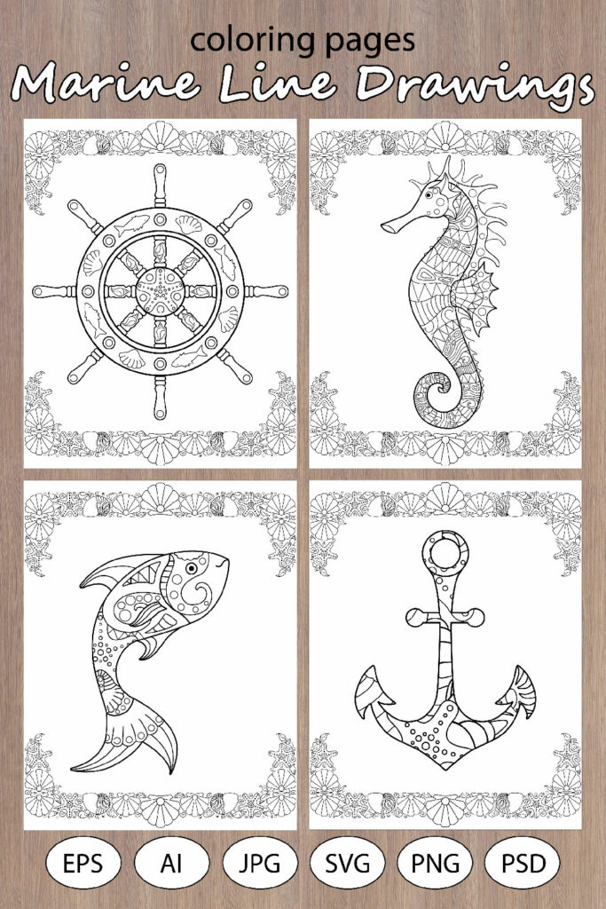 7 Marine Line Drawings for coloring - MasterBundles