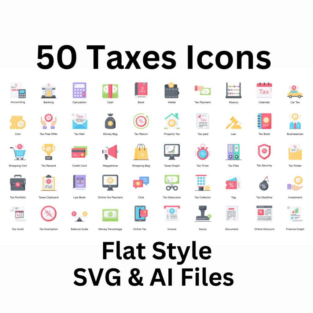 Taxes Icon Set 50 Flat Finance Icons - SVG And AI Files - MasterBundles