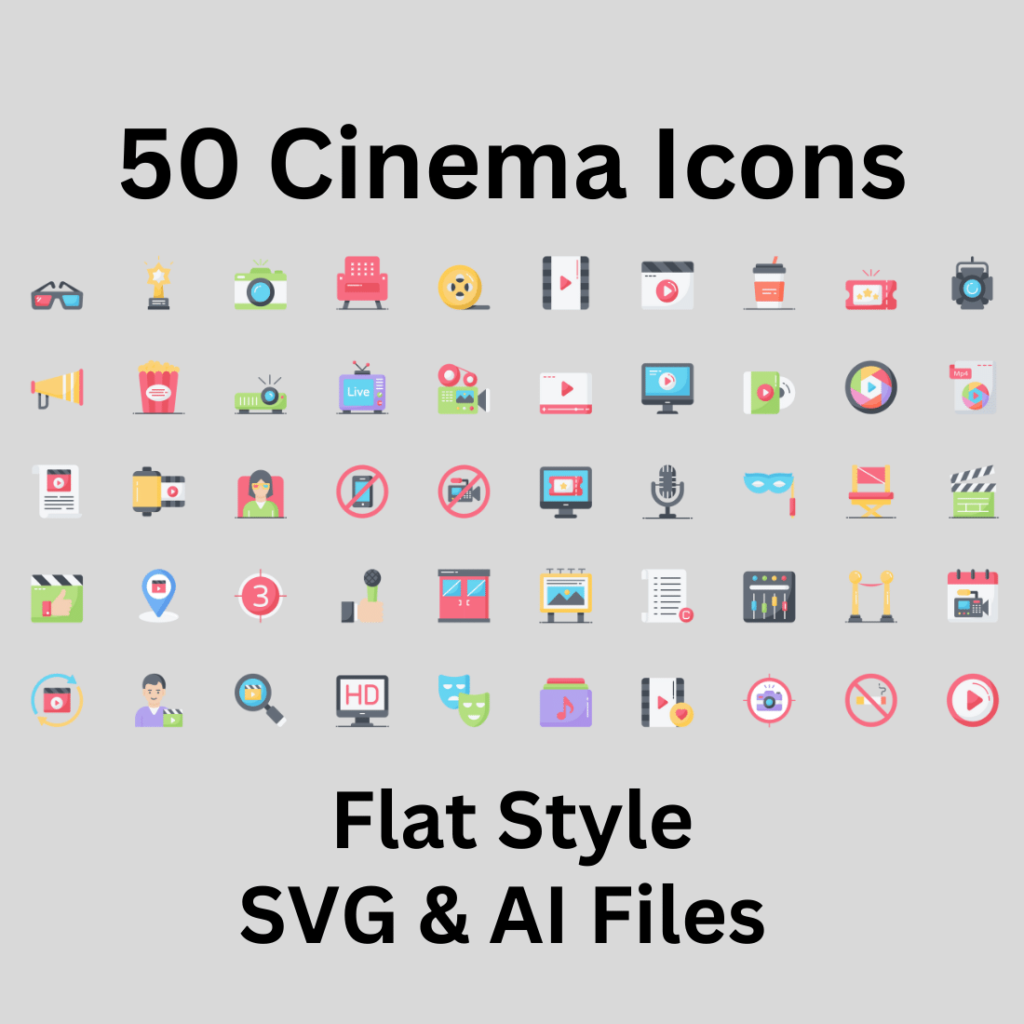 Cinema Icon Set 50 Flat Icons - SVG And AI Files - MasterBundles
