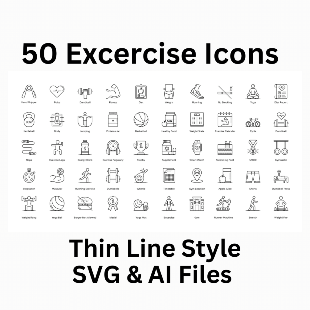 Exercise Icon Set 50 Outline Icons - SVG And AI Files - MasterBundles