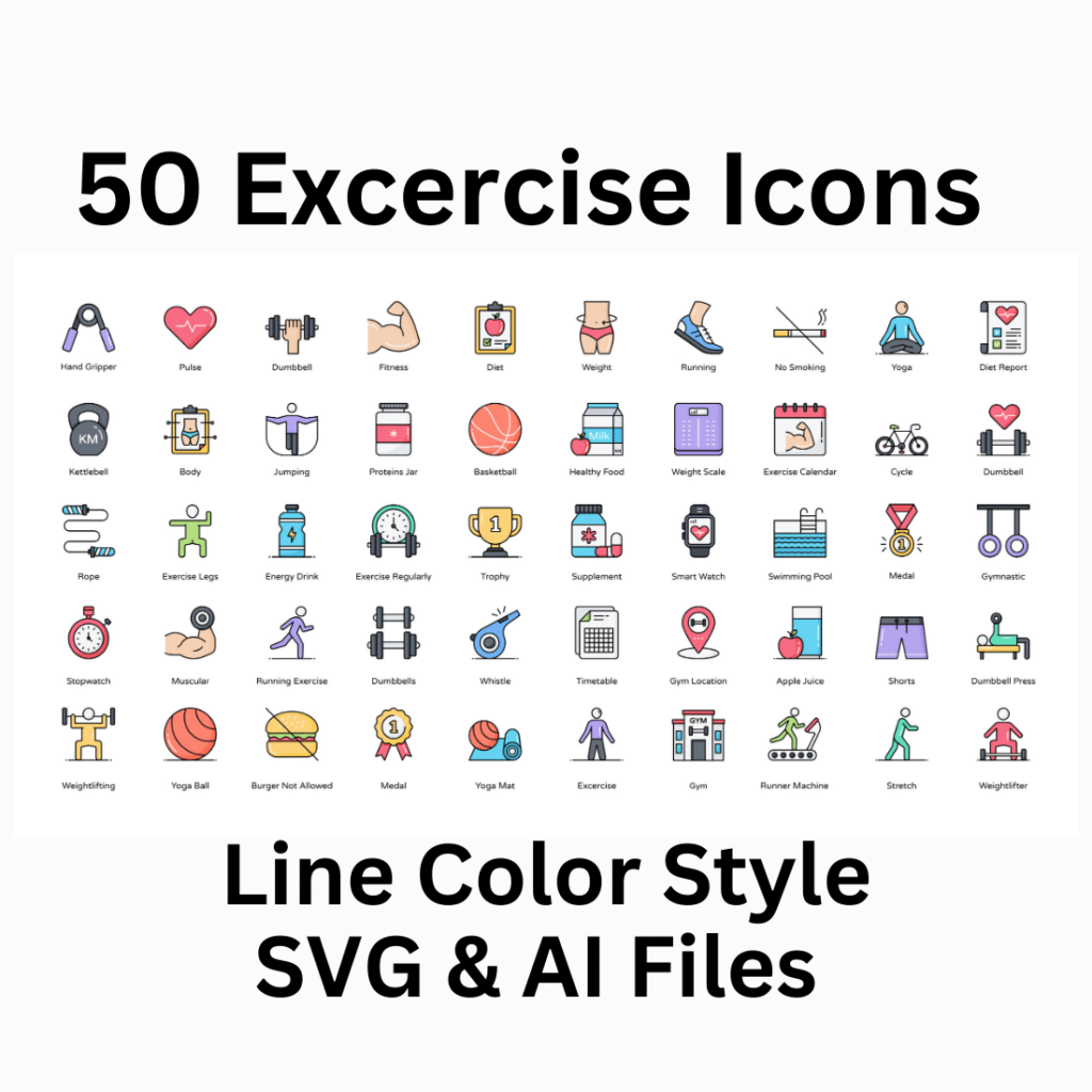 Exercise Icon Set 50 Line Color Icons - SVG And AI Files - MasterBundles