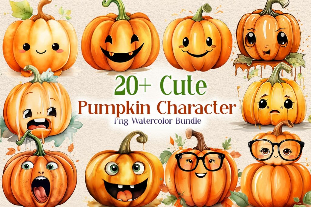 Cute Pumpkin Face Character PNG Watercolor Clipart Bundle - MasterBundles