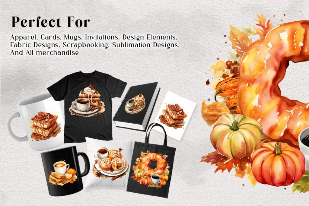 Fall Breakfast Clipart PNG Bundle, Food and Drink Watercolor Collection ...