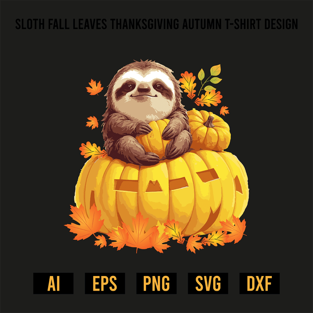Sloth Fall Leaves Thanksgiving Autumn T-Shirt Design - MasterBundles