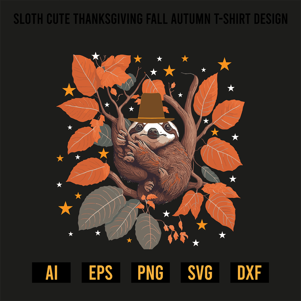 Sloth Cute Thanksgiving Fall Autumn T-Shirt Design - MasterBundles