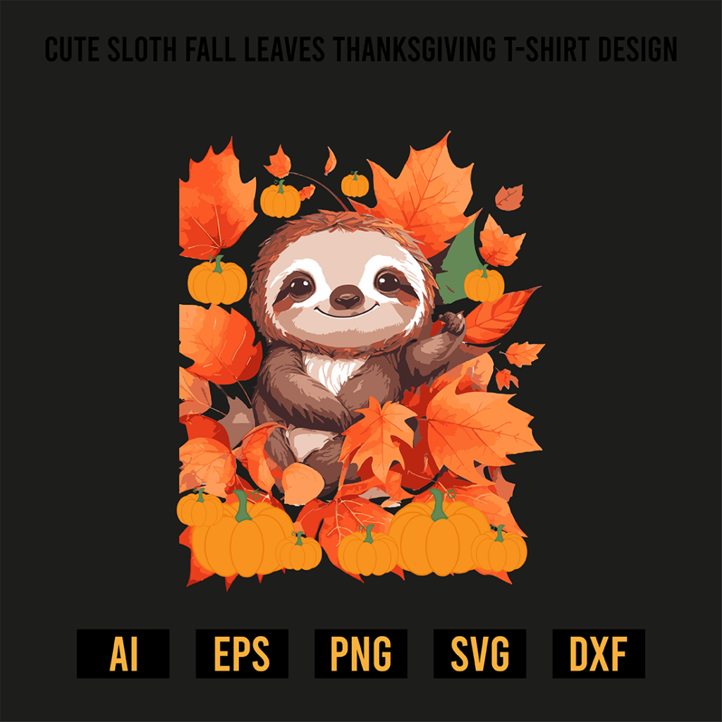 Cute Sloth Fall Leaves Thanksgiving T-Shirt Design - MasterBundles