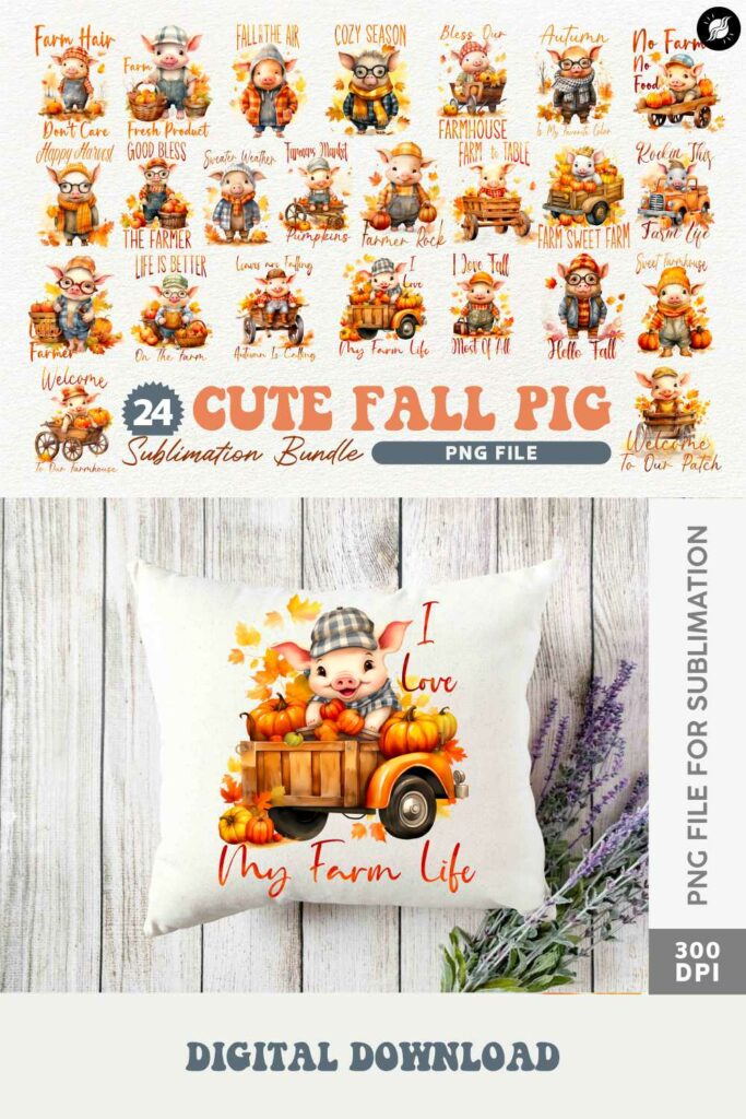 Cute Fall Pig Sublimation Designs, Pumpkins Farm PNG Bundle - MasterBundles