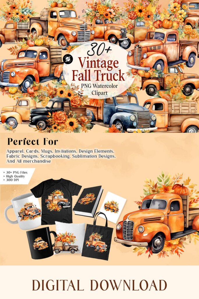 Vintage Fall Truck PNG Watercolor Sublimation Clipart Bundle - MasterBundles