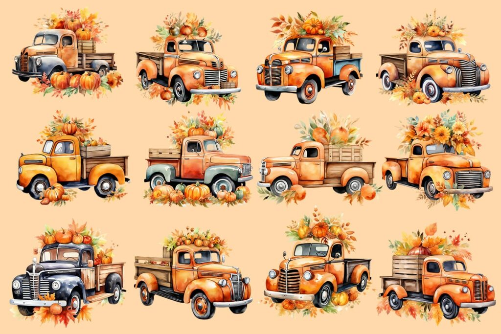 Vintage Fall Truck PNG Watercolor Sublimation Clipart Bundle ...