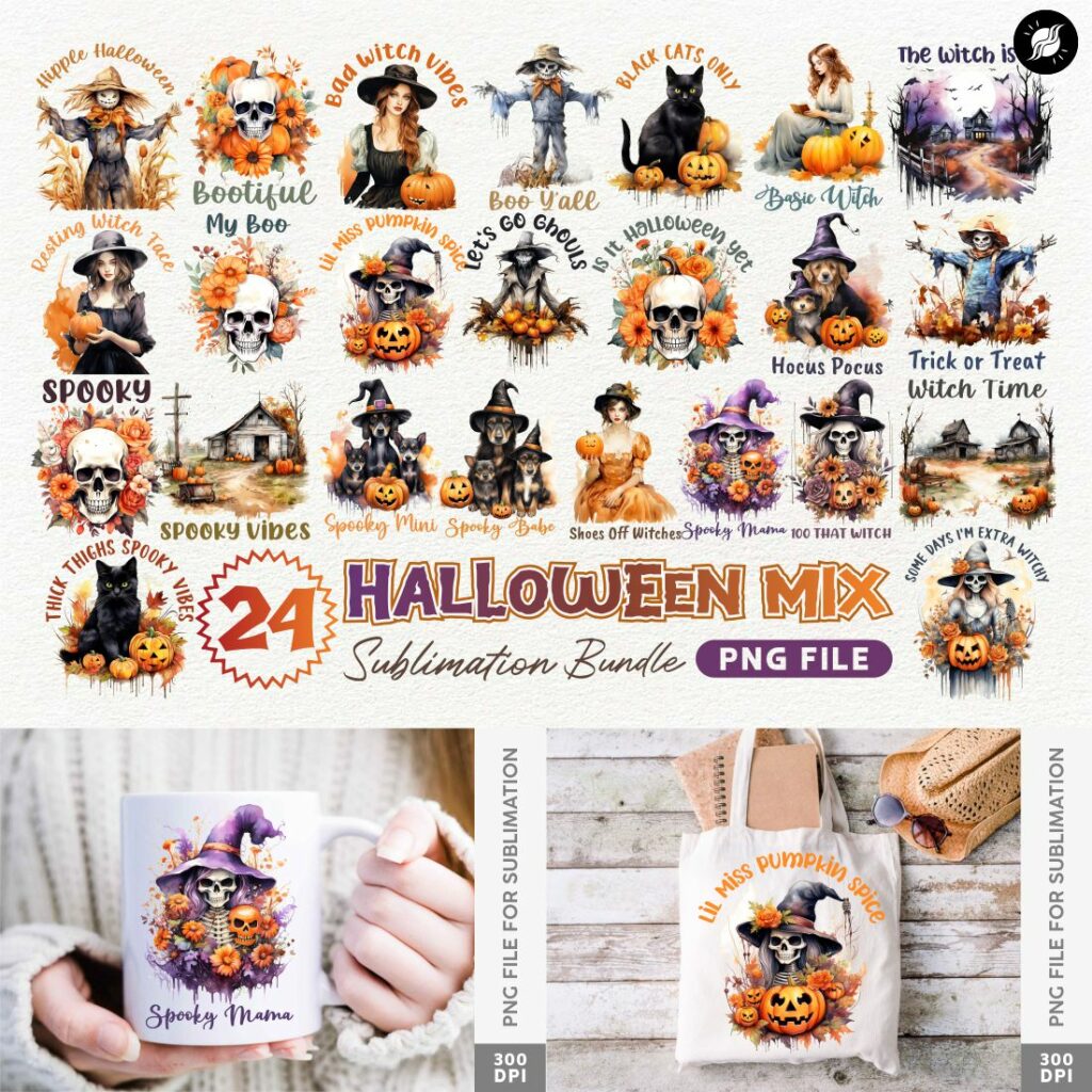 Halloween Sublimation Designs Bundle | Fall Halloween PNG Watercolor ...