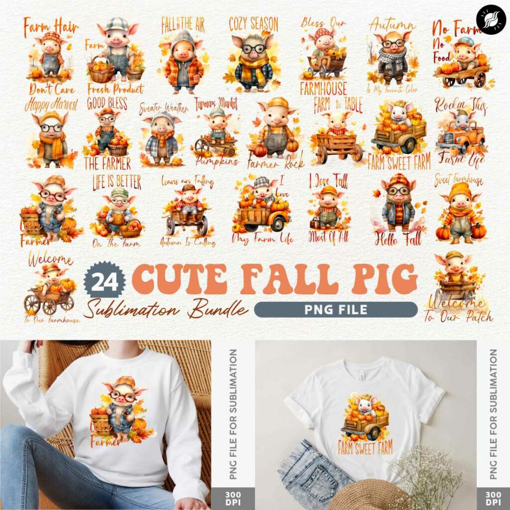 Cute Fall Pig Sublimation Designs, Pumpkins Farm PNG Bundle - MasterBundles