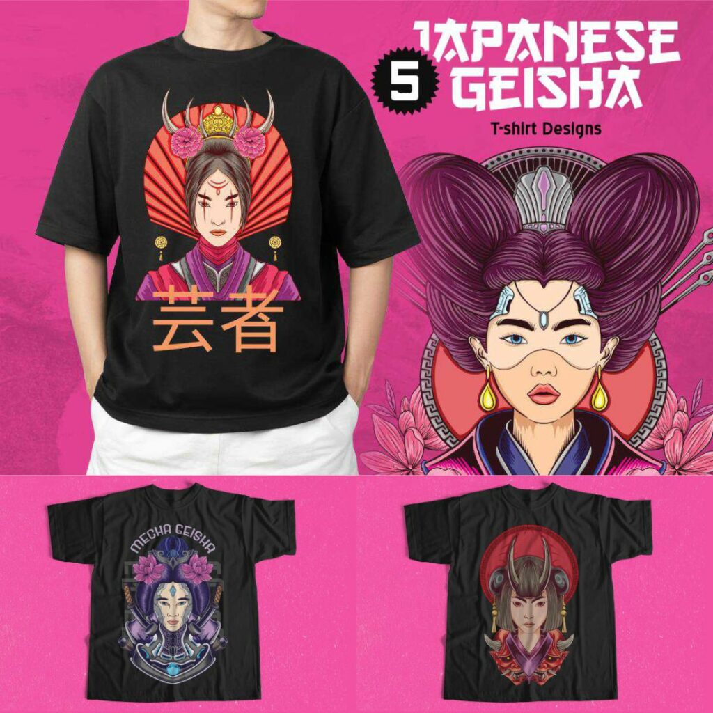 Japanese Geisha Streetwear Vector T-shirt Designs Bundle, Japan Culture ...
