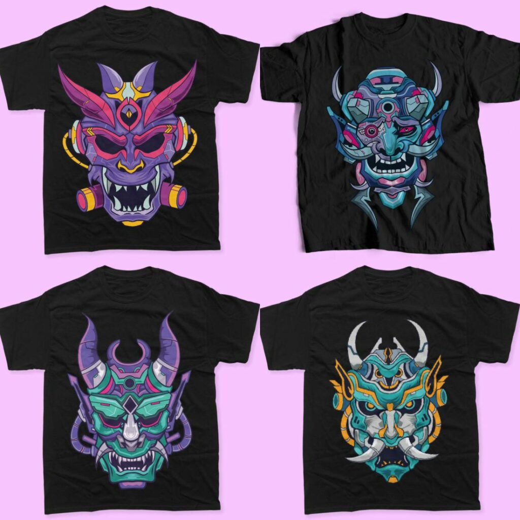 Oni Mask Mecha Japan Culture Vector T-shirt Designs Bundle, Hannya Mask ...