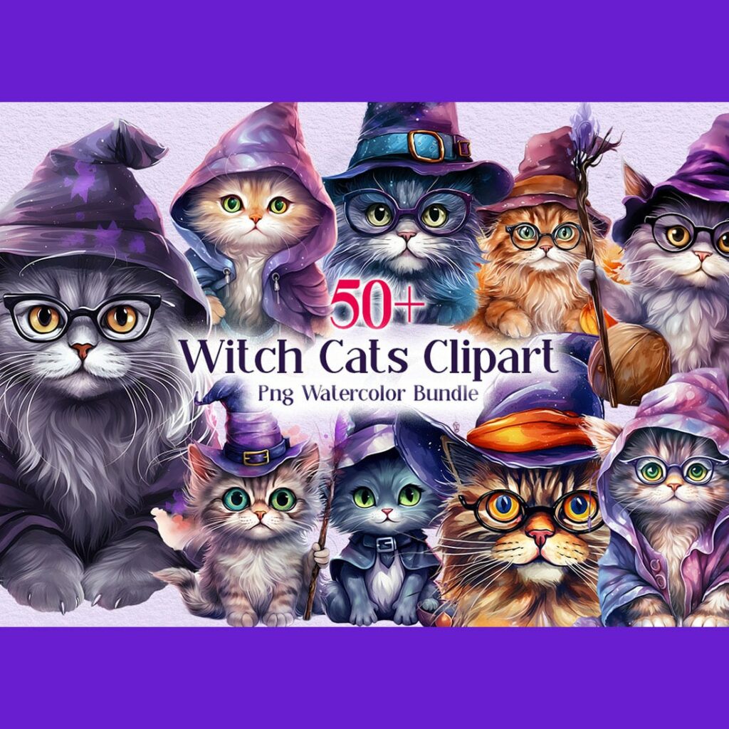 Witch Cats Clipart PNG Watercolor Bundle, Halloween Cat Illustrations ...