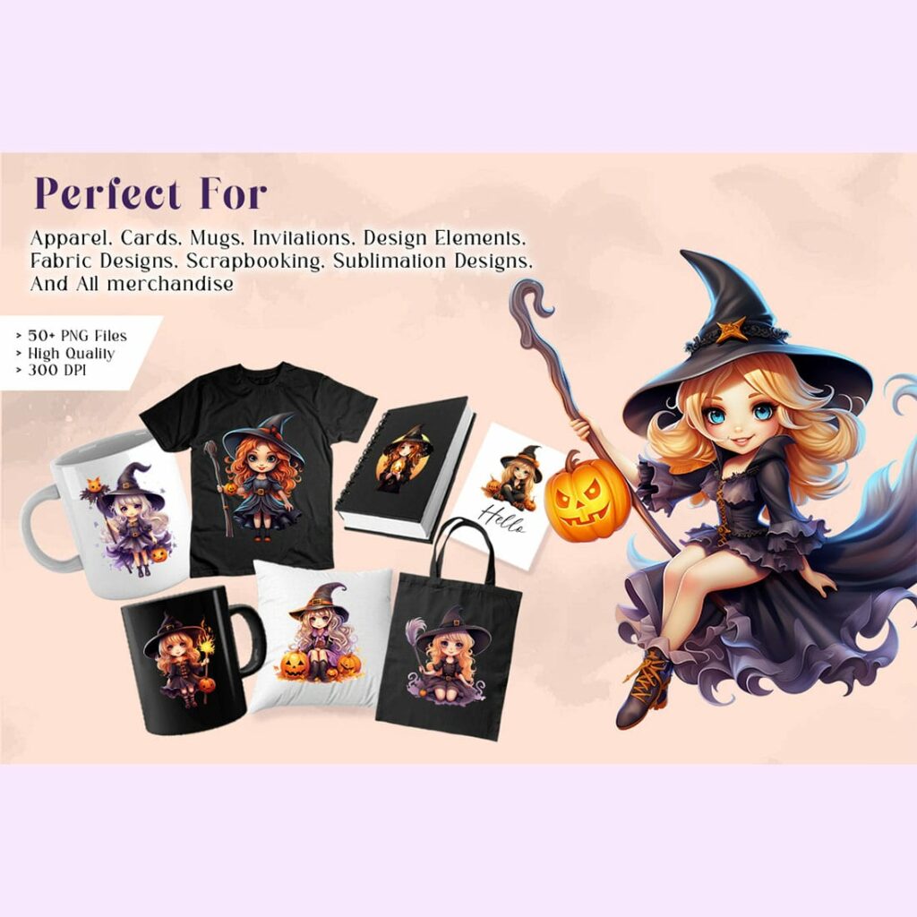 Cute Witch Girl Watercolor PNG Clipart Bundle | Halloween Girl ...