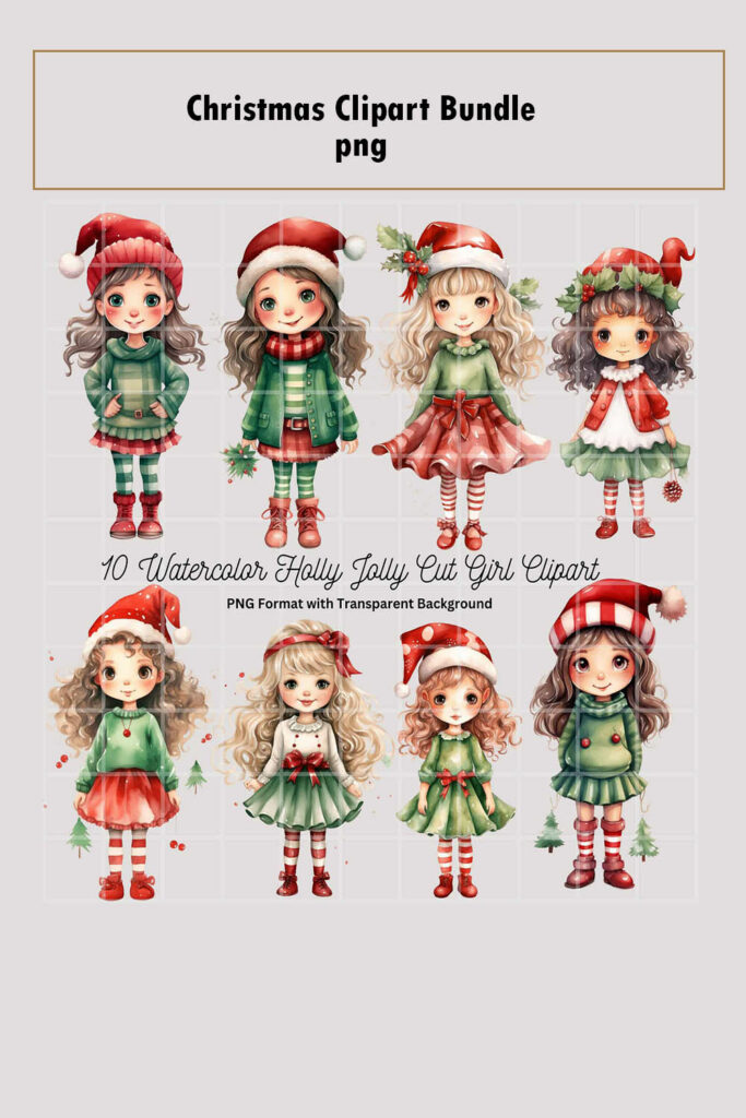 10 Watercolor Holly Jolly cute girl clipart, Christmas Decor Clipart in ...