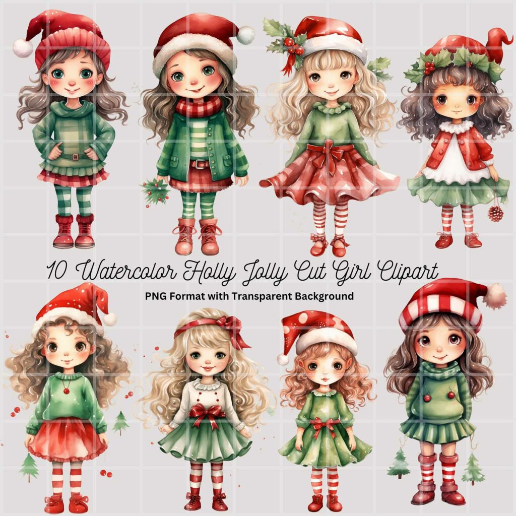 10 Watercolor Holly Jolly cute girl clipart, Christmas Decor Clipart in ...