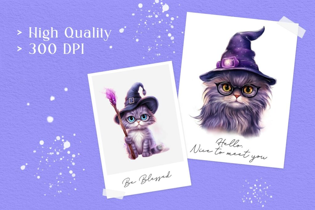 Witch Cats Clipart PNG Watercolor Bundle, Halloween Cat Illustrations ...