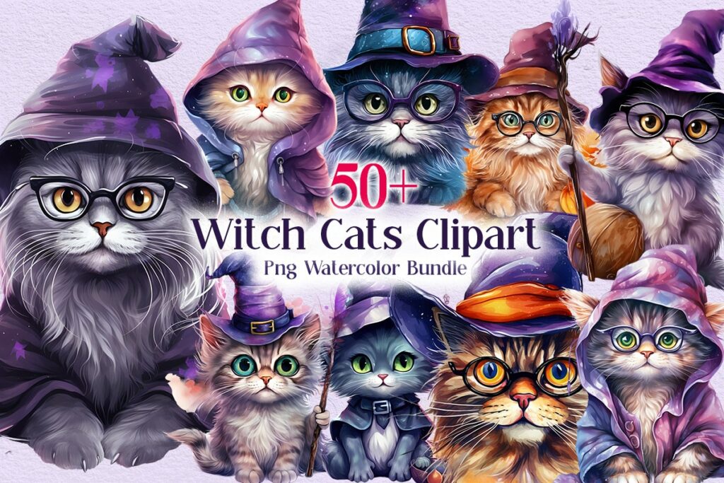 Witch Cats Clipart PNG Watercolor Bundle, Halloween Cat Illustrations ...