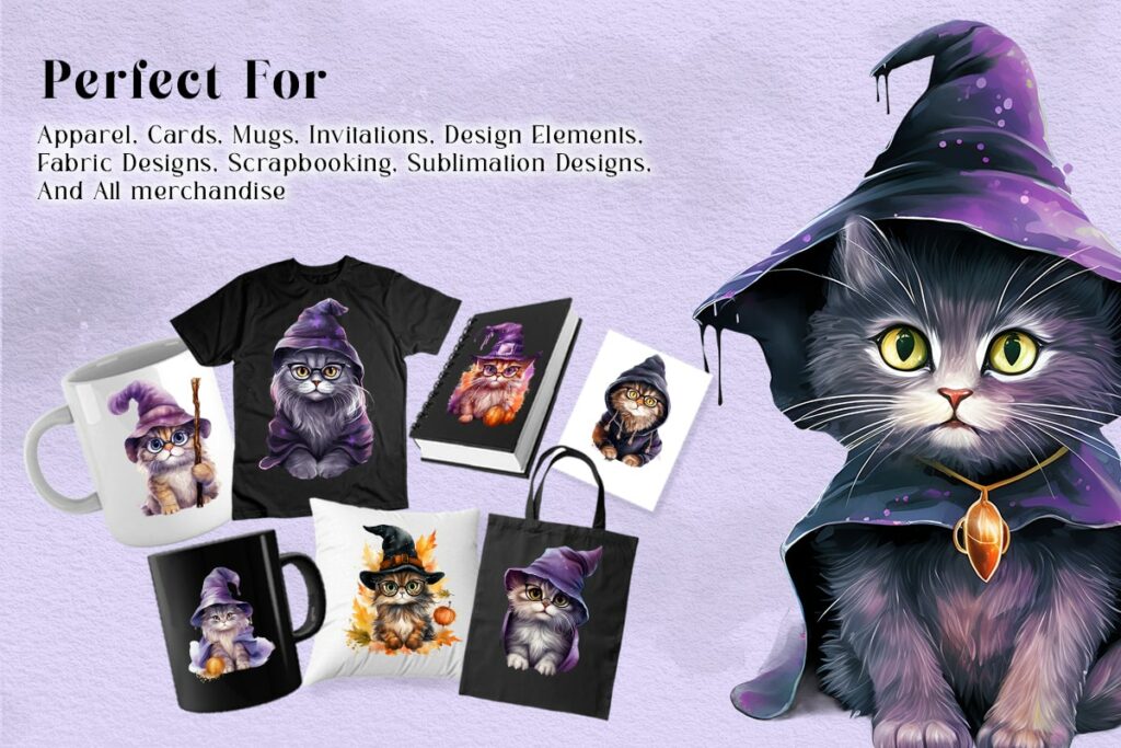 Witch Cats Clipart PNG Watercolor Bundle, Halloween Cat Illustrations ...