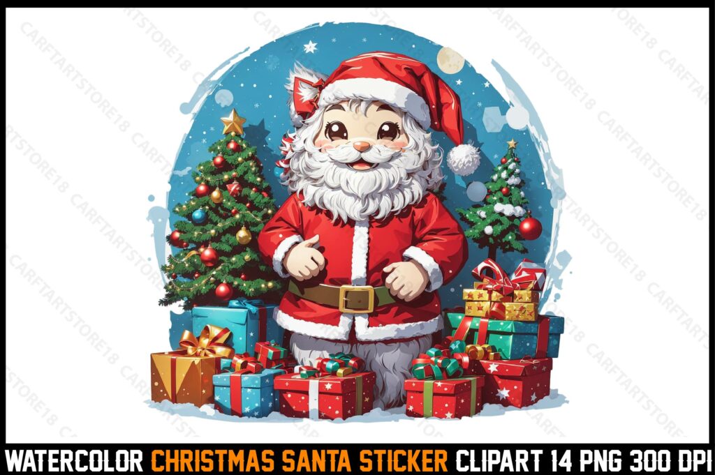 Watercolor Christmas Santa Sticker Clipart T-Shirt Design Bundle ...