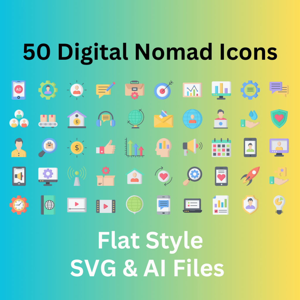 Digital Nomad Icon Set 50 Flat Icons - SVG And AI Files - MasterBundles