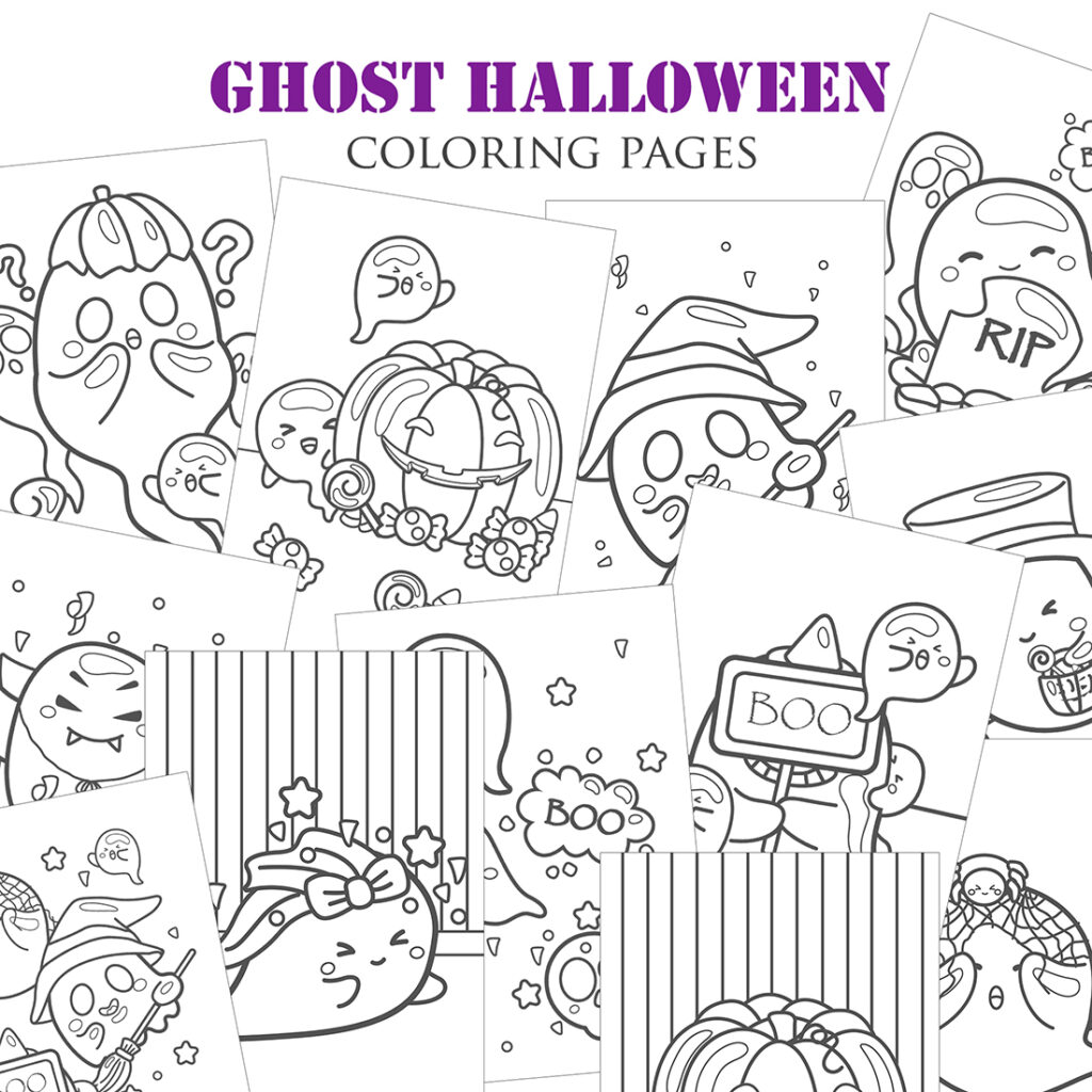 Funny and Cute Ghost Halloween Background Coloring Set Outline for Kids ...