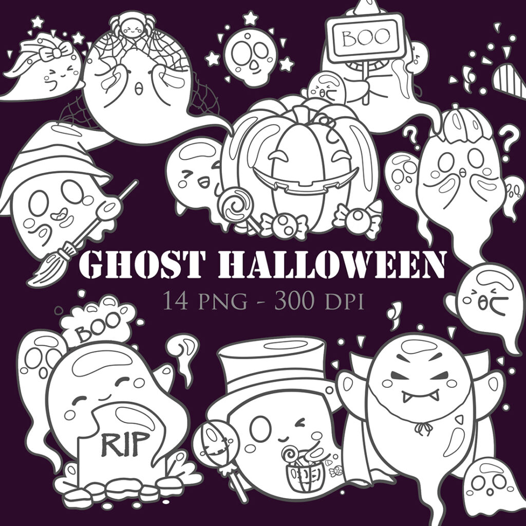 Happy Ghost Halloween Cartoon Digital Stamp Outline Black and White ...