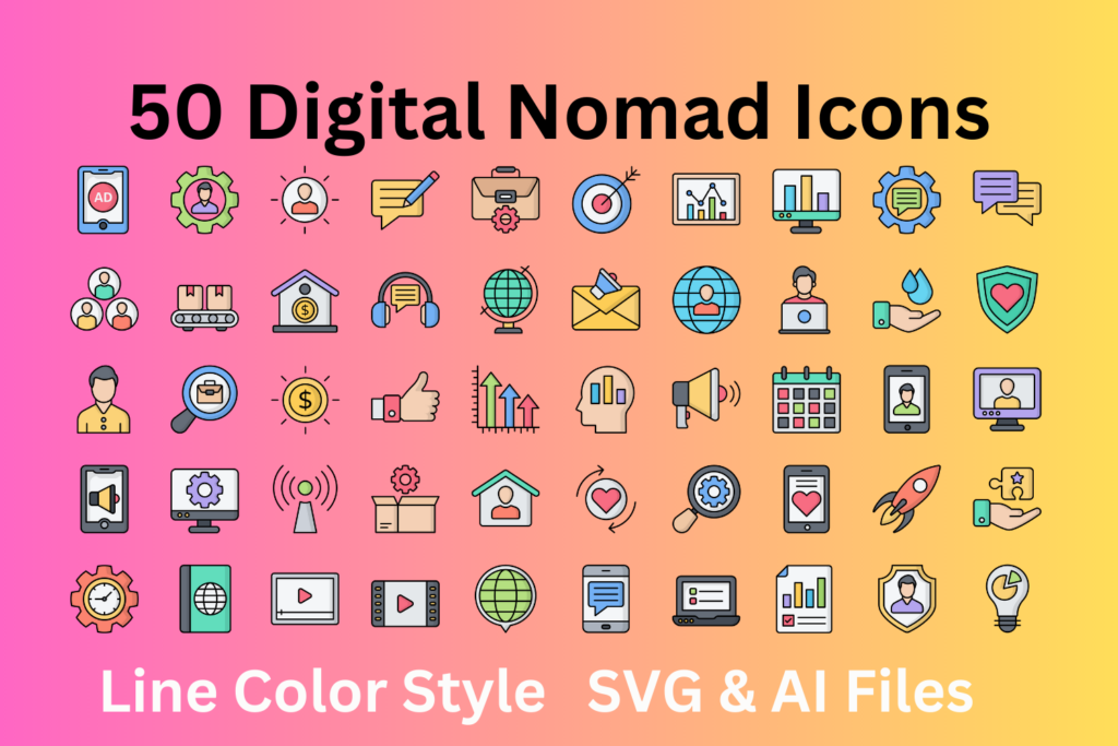 Digital Nomad Icon Set 50 Line Color Icons - SVG And AI Files ...