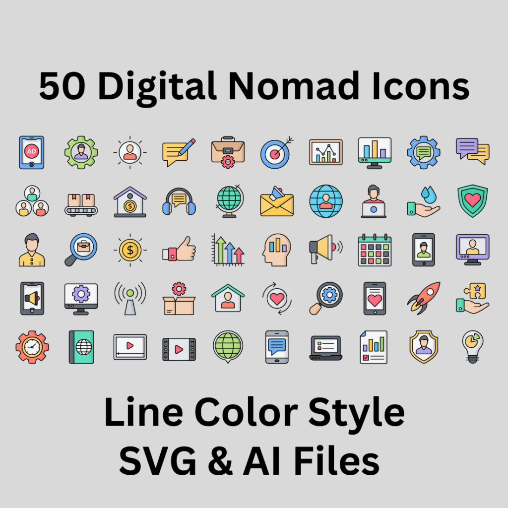 Digital Nomad Icon Set 50 Line Color Icons - SVG And AI Files - MasterBundles
