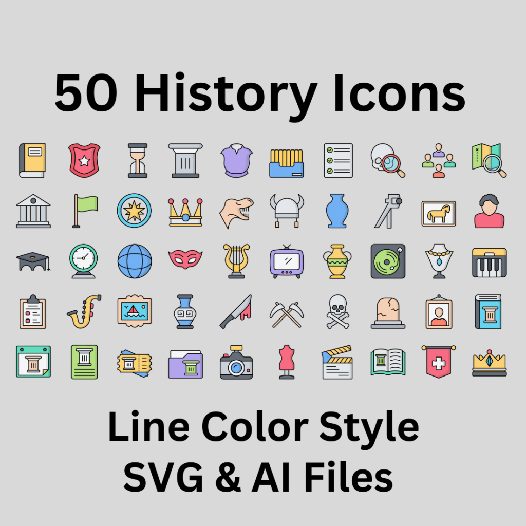 History Icon Set 50 Line Color Icons - SVG And AI Files - MasterBundles