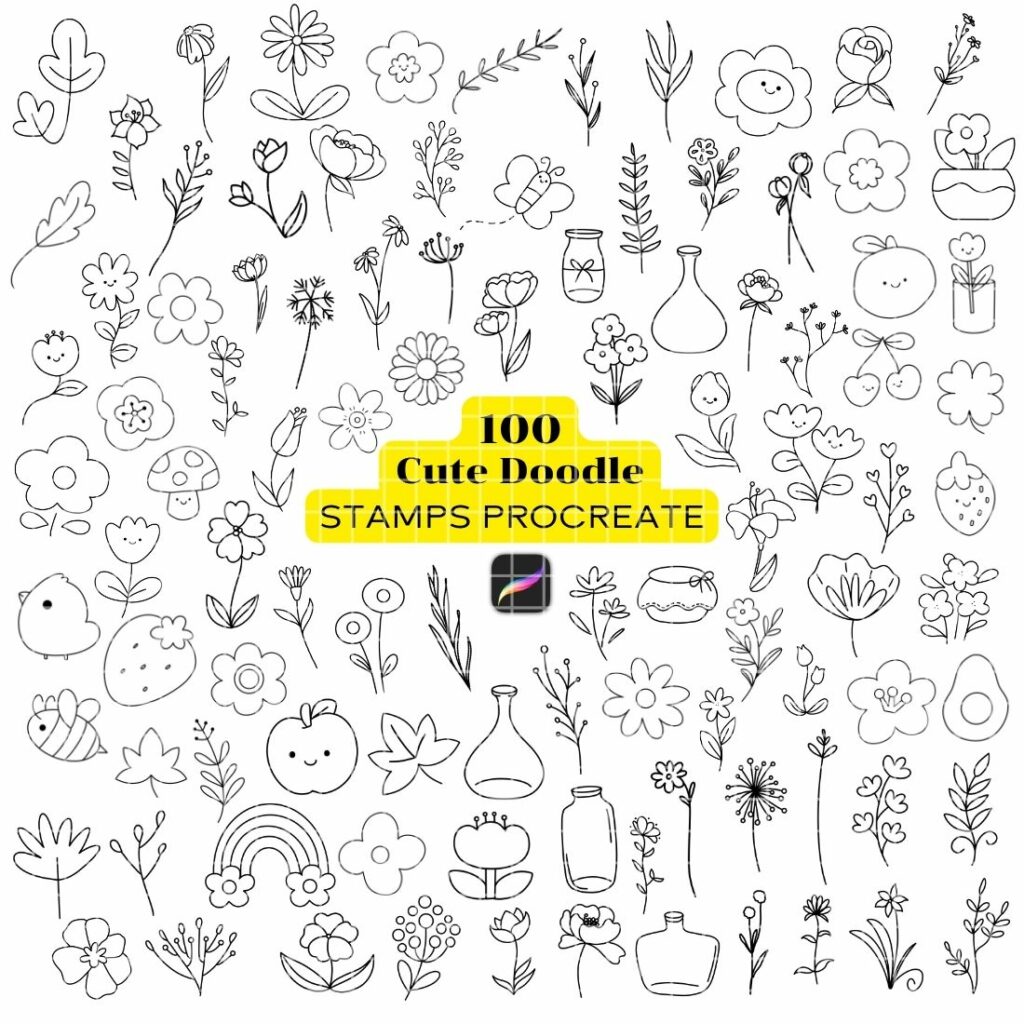 100 Cute Doodle Stamps Procreate - MasterBundles