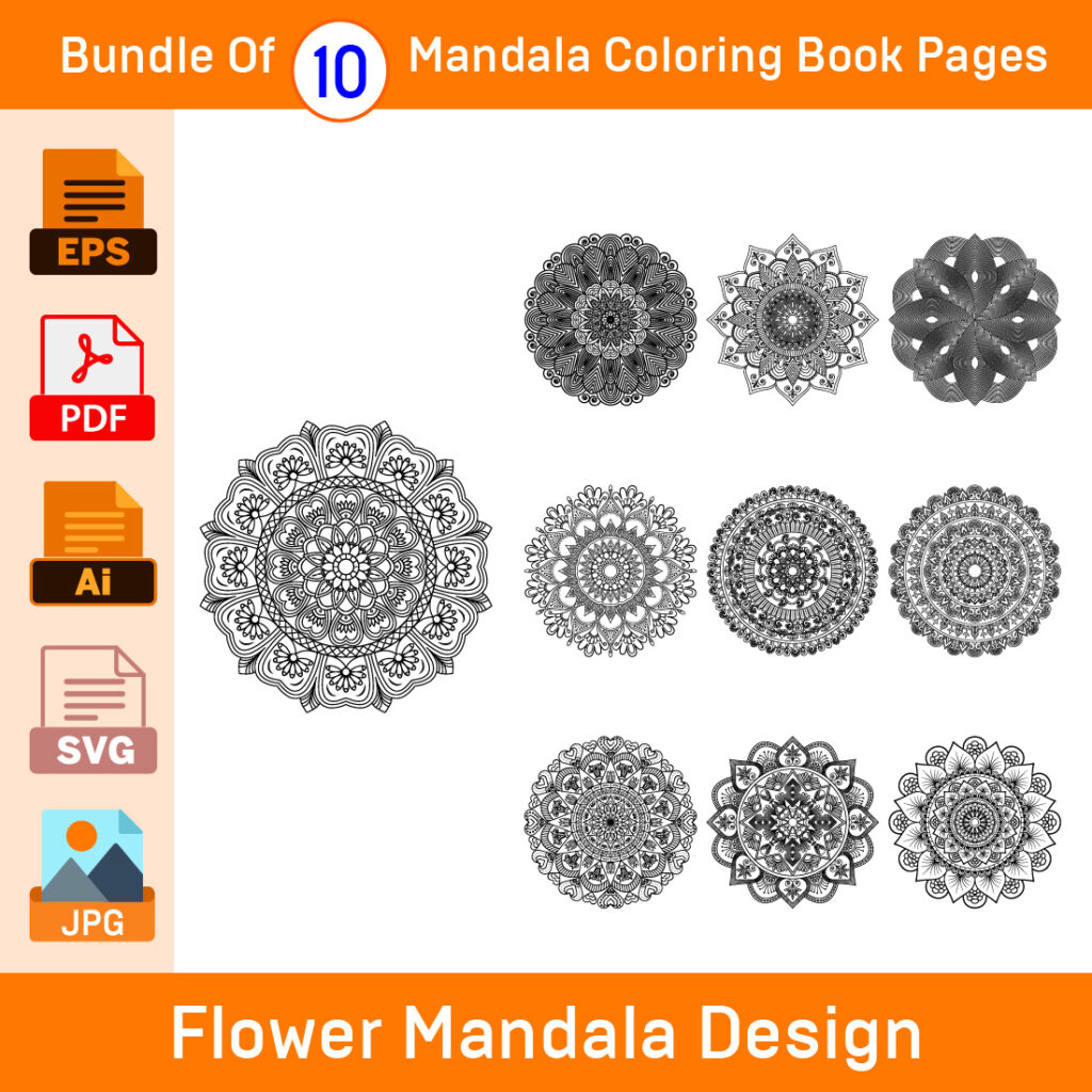 Bundle of 10 Mandala Coloring Book pages - MasterBundles