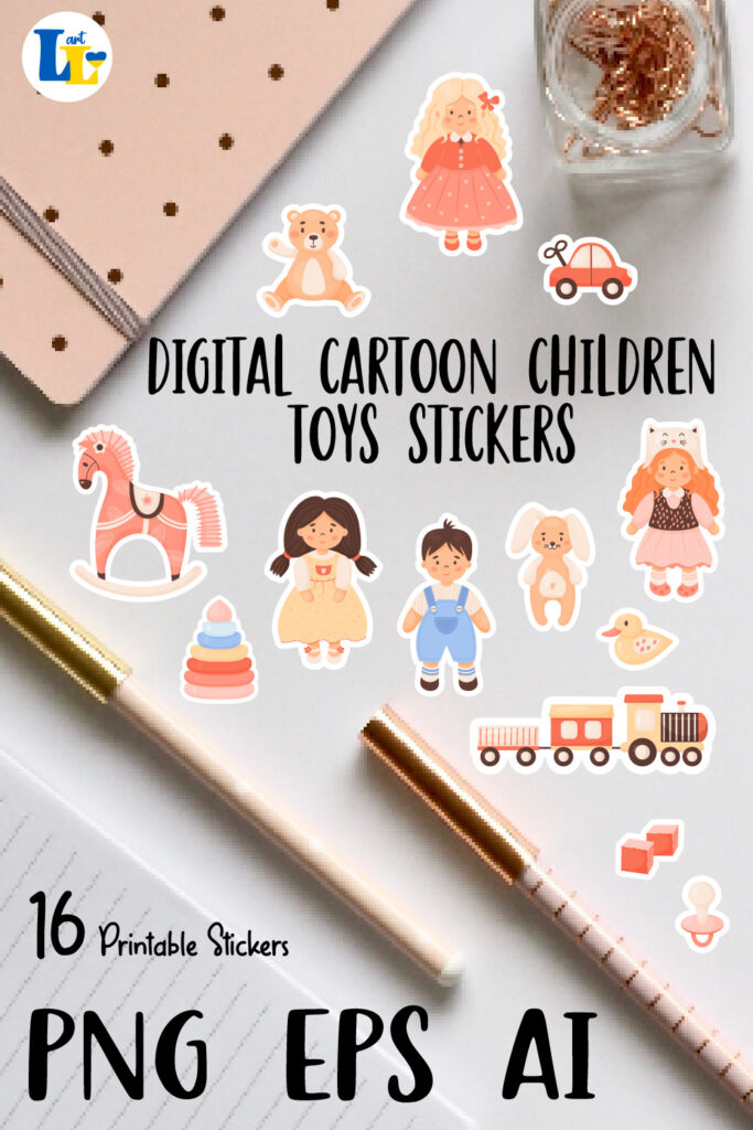 Printable stickers Cute children toys, doll, plush toys - MasterBundles