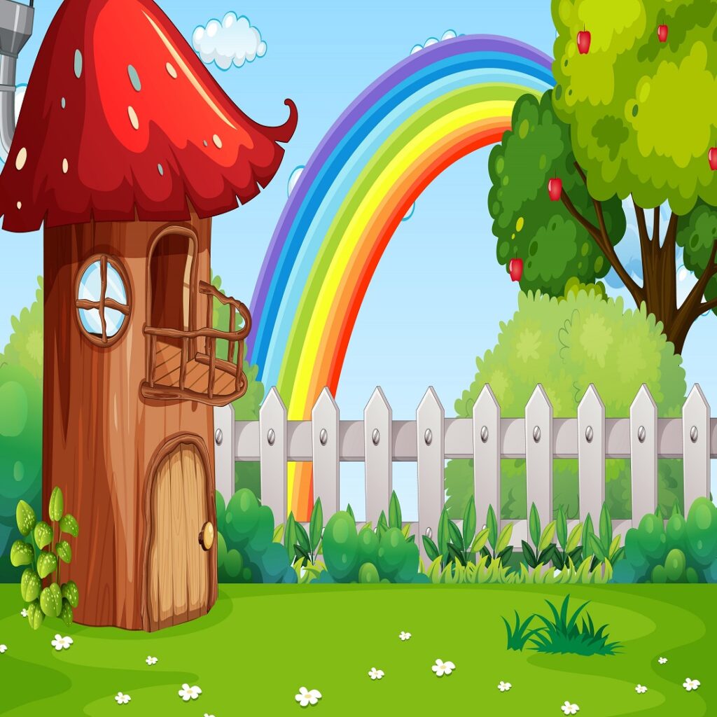 Nature landscape scene background with mushroom house - MasterBundles