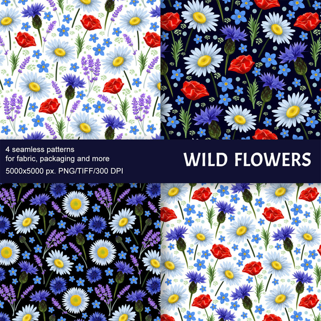 Wildflowers. Four seamless patterns - MasterBundles