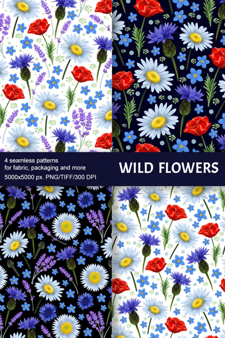 Wildflowers. Four seamless patterns - MasterBundles