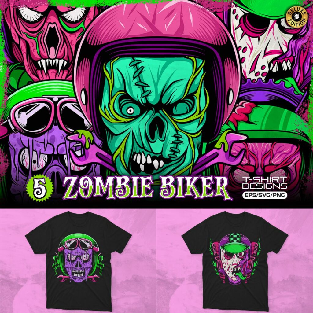 Zombie Biker Skull Helmet Vector T-shirt Designs Bundle - MasterBundles