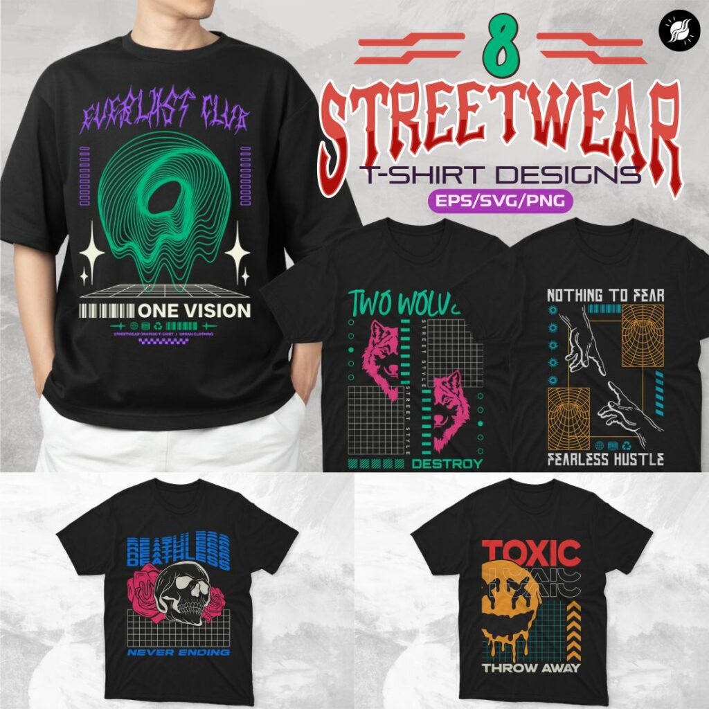 Streetwear T-shirt Designs Vector Bundle, Streetwear Graphic T-shirts ...