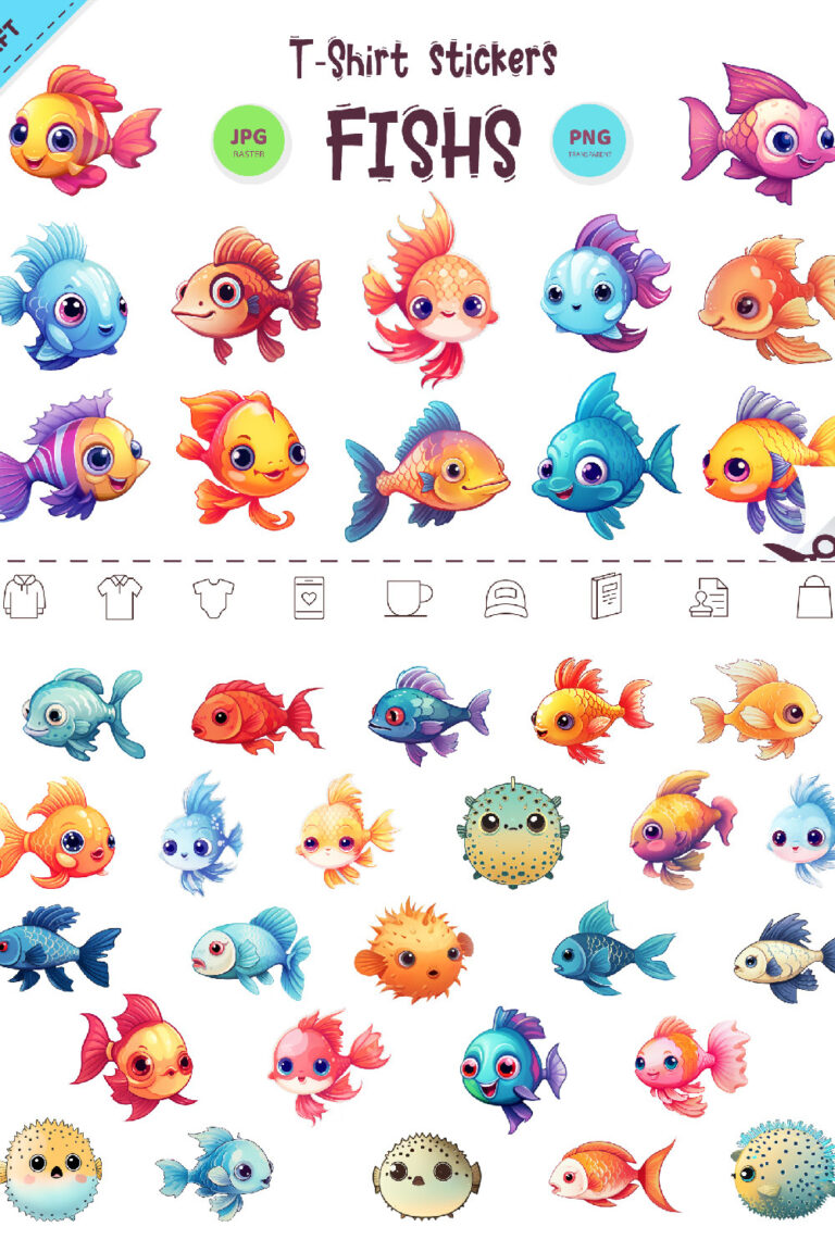 Bundle of cute fish stickers. Clipart. - MasterBundles
