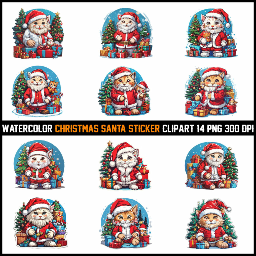 Watercolor Christmas Santa Sticker Clipart T-Shirt Design Bundle ...