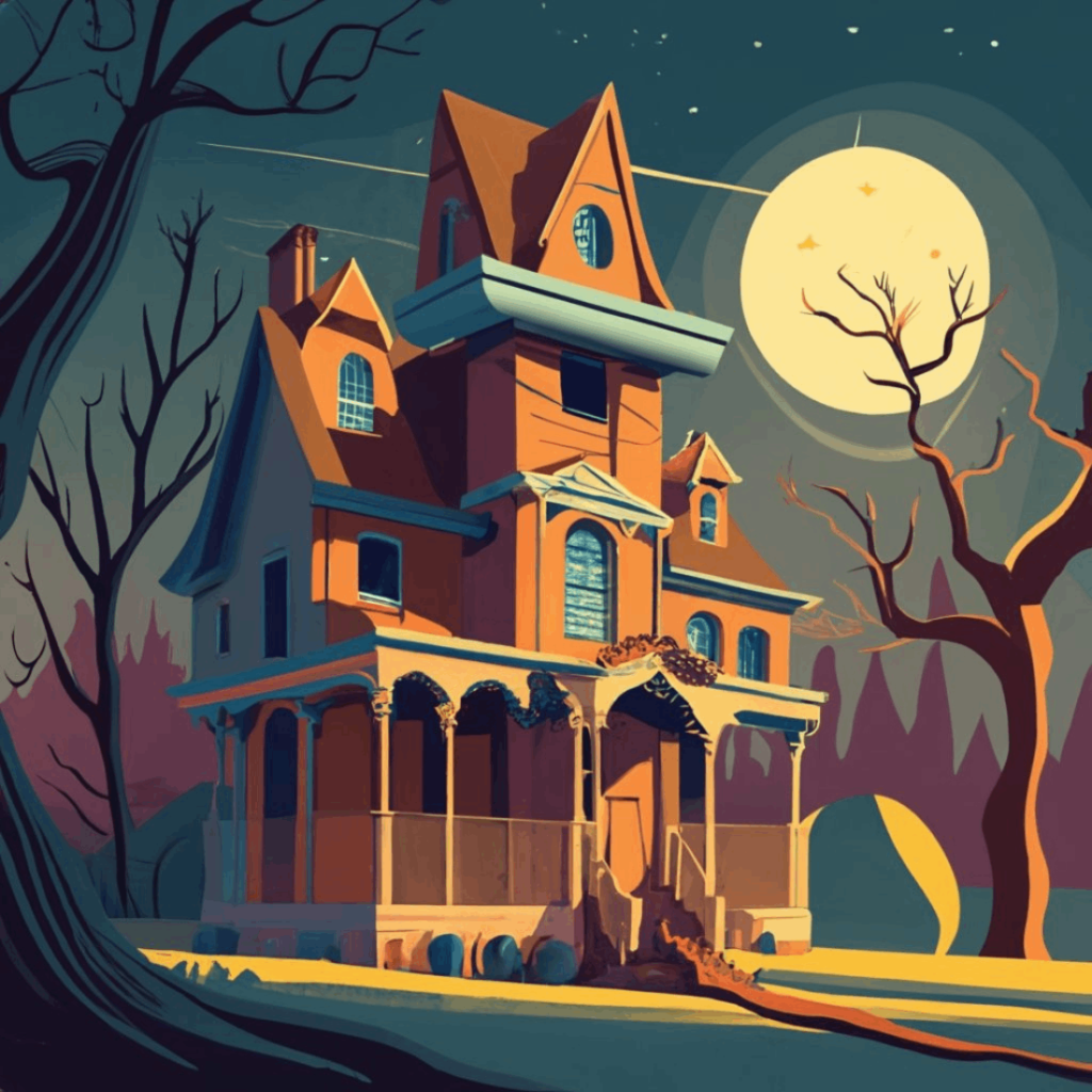 Moonlight drapes over the haunted house, casting eerie shadows that ...